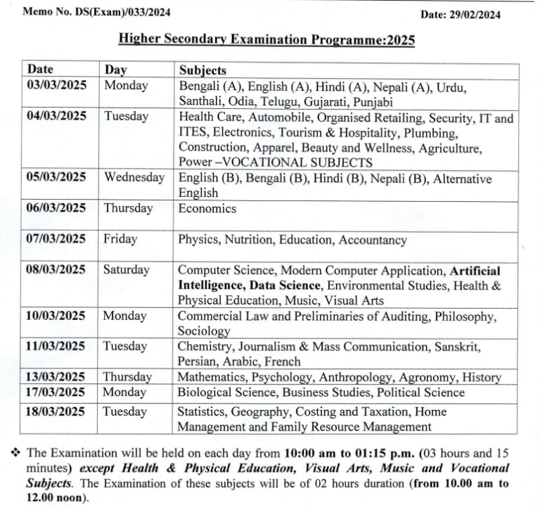 WBCHSE Routine 2025 Download at wbchse.wb.gov.in